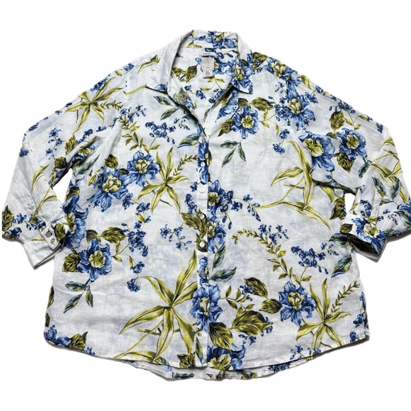 Joie | Tops | Joie Linen White Blue Floral Roll Tab Vneck Blouse Top 2x ...